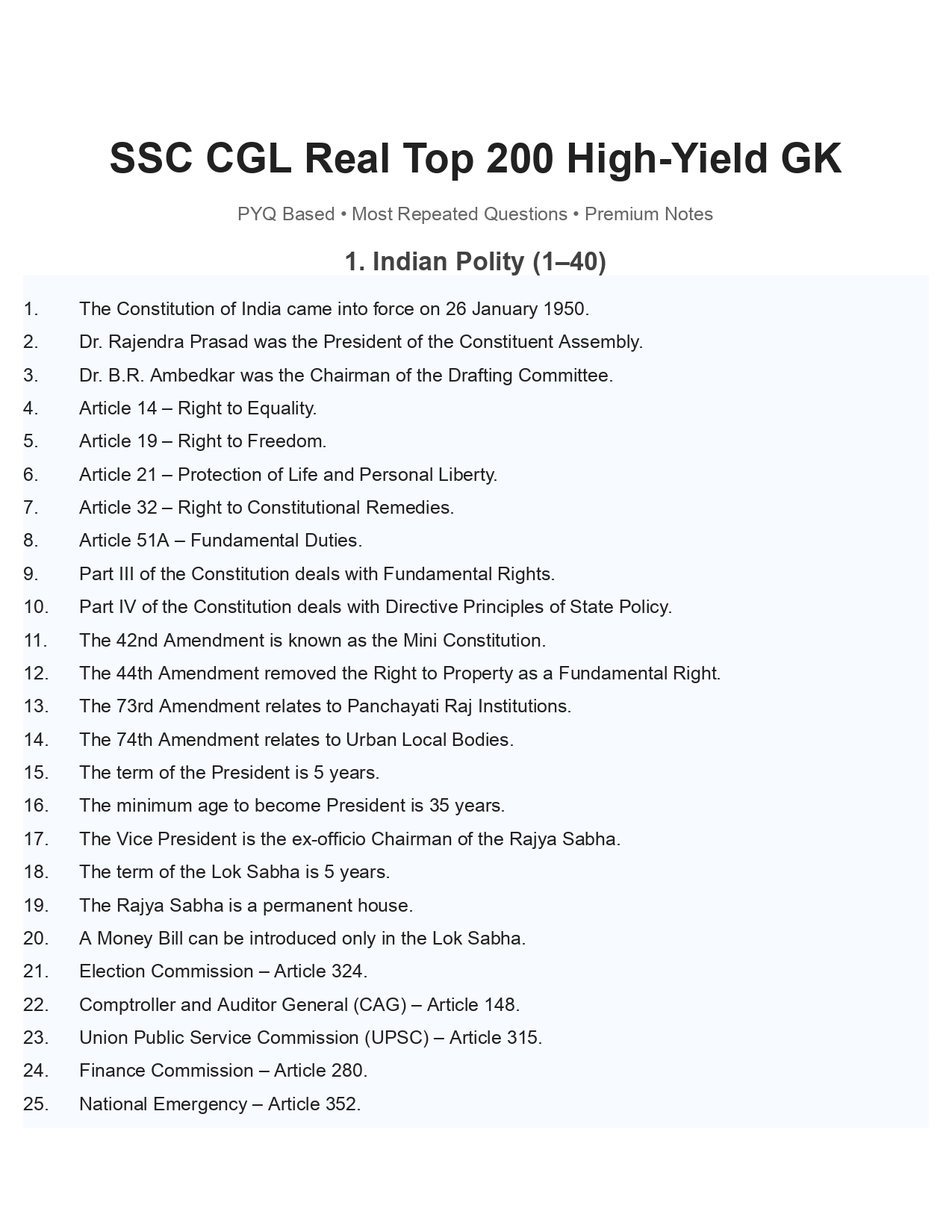 SSC CGL Top 200 High-Yield GK (PYQ Based) PDF Notes | Noteslover